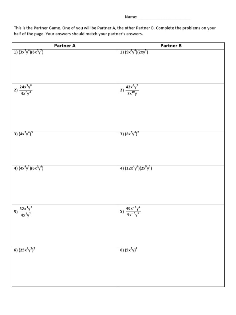 Exponent Partner Game Worksheet | PDF