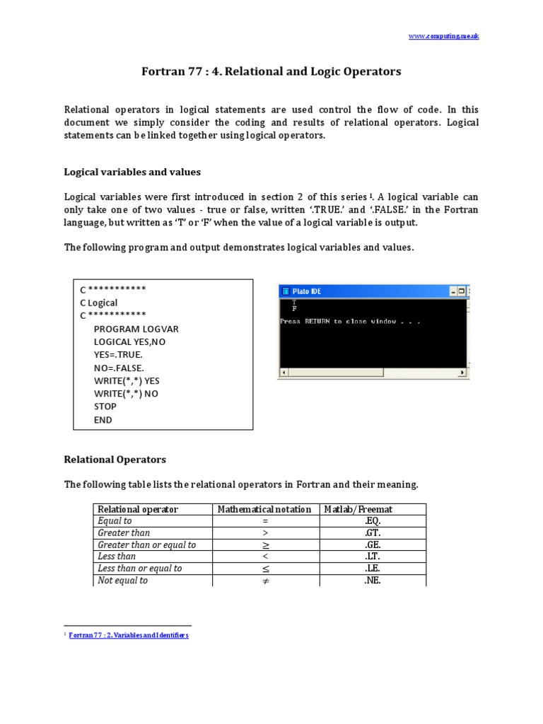 Fortran 77 Relational And Logic Operators Pdf C Programming Language Areas Of Computer