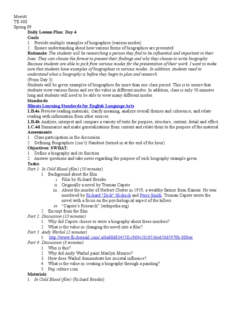 Day 4 Biography Lesson Plan | PDF | Cognitive Science | Behavior ...