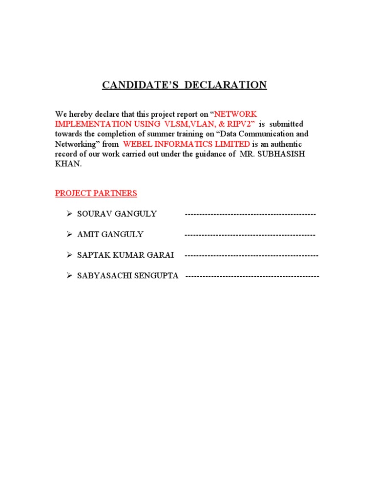 Candidate'S Declaration: Network Implementation Using VLSM, Vlan, & Ripv2" Webel Informatics ...