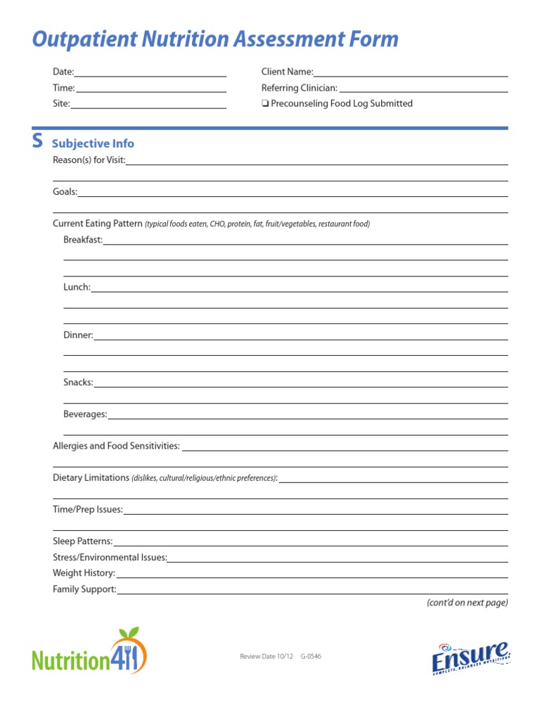 G-0546 Outpatient Nutrition Assessment Form | PDF | Eating | Foods