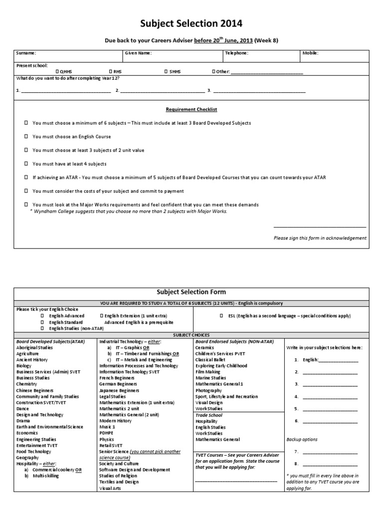 Subject Selection 2014: Due Back To Your Careers Adviser Before 20 June ...