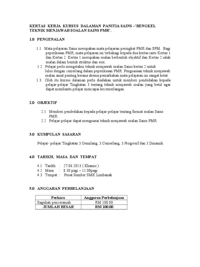 Kertas Kerja Kursus Bengkel Teknik Menjawab | PDF