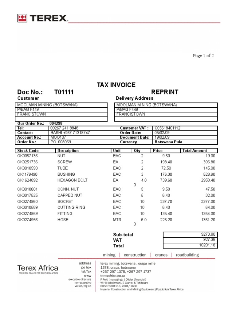 Tax Invoice for Moolman Mining Botswana | PDF