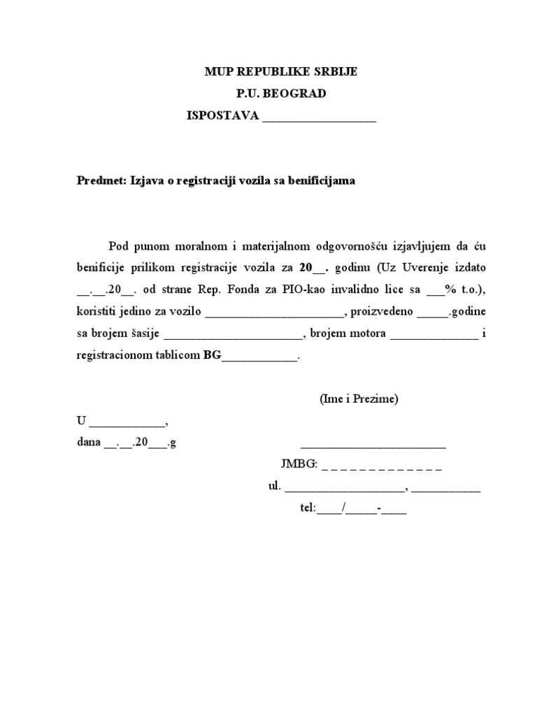 Izjava Vlasnika Vozila Blanko | PDF