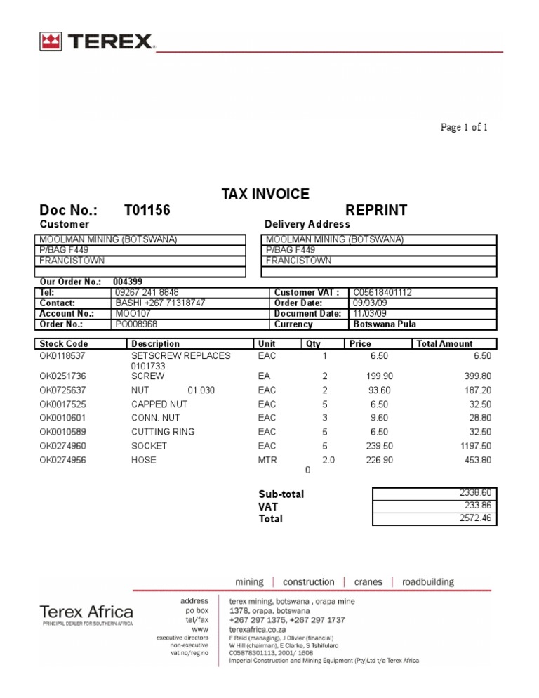 Tax Invoice for Moolman Mining Botswana | PDF