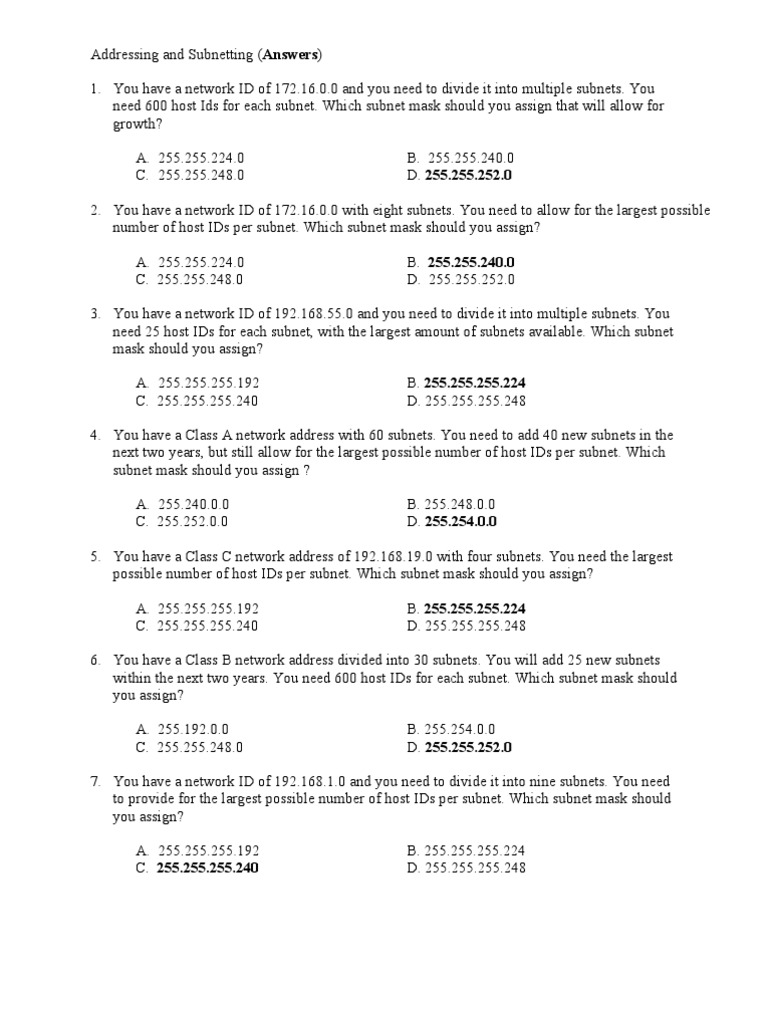 IP Addressing and Subnetting (Answers) | PDF | Ip Address | Computer Network