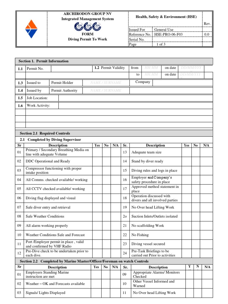 Diving Permit to Work.docx | Scuba Diving | Diving