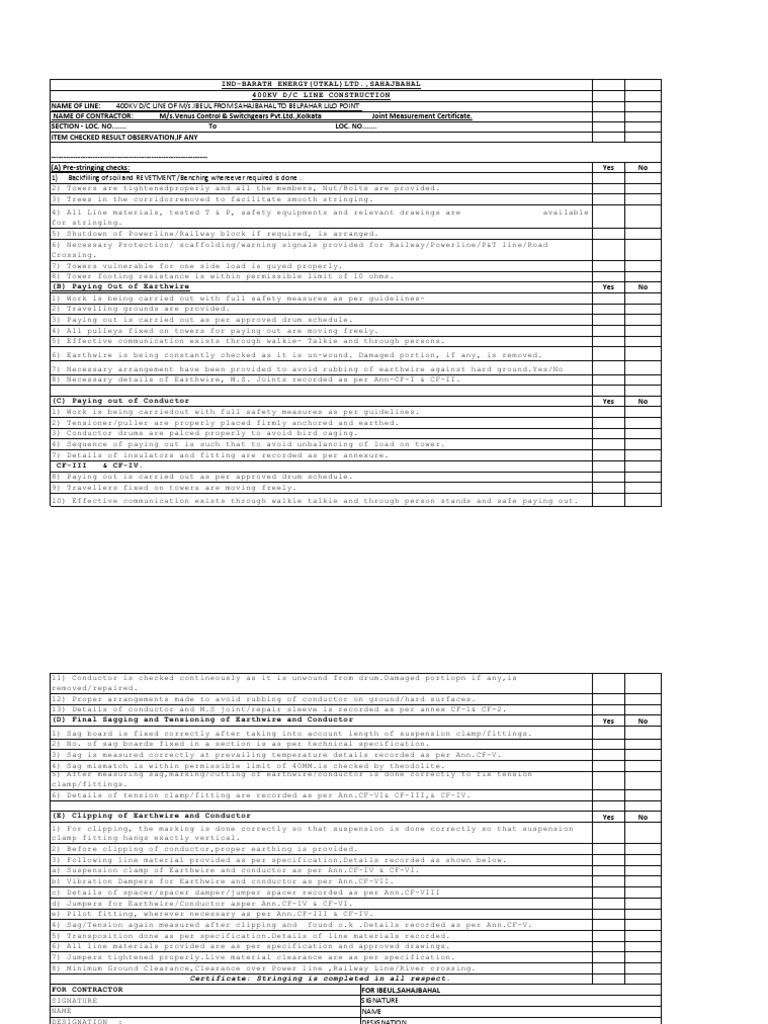 JMC Format For Transmission Line Strining | PDF | Insulator ...