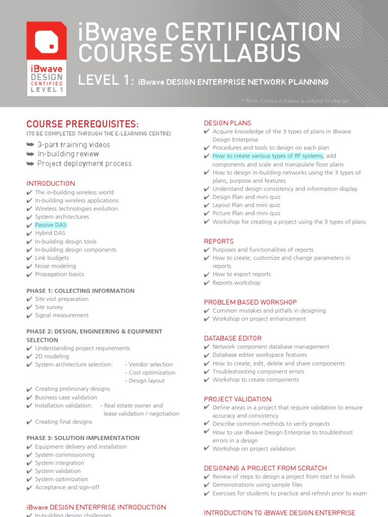 Ibwave Certification Course Syllabus L1 | PDF | Verification And Validation | Design