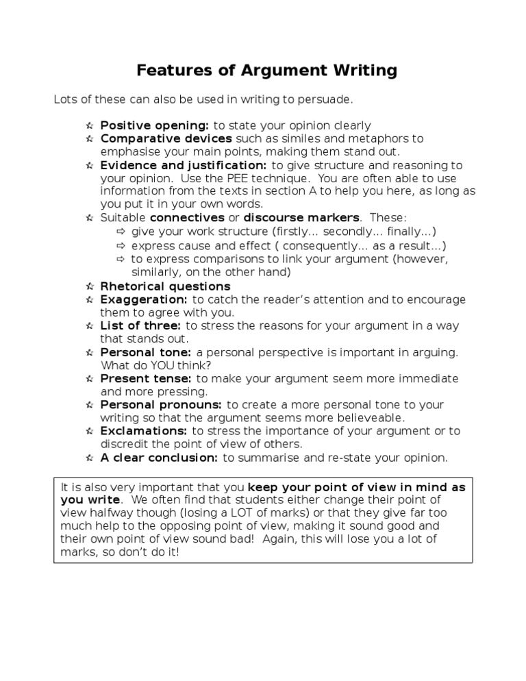 Essential Features of Argument Writing | PDF