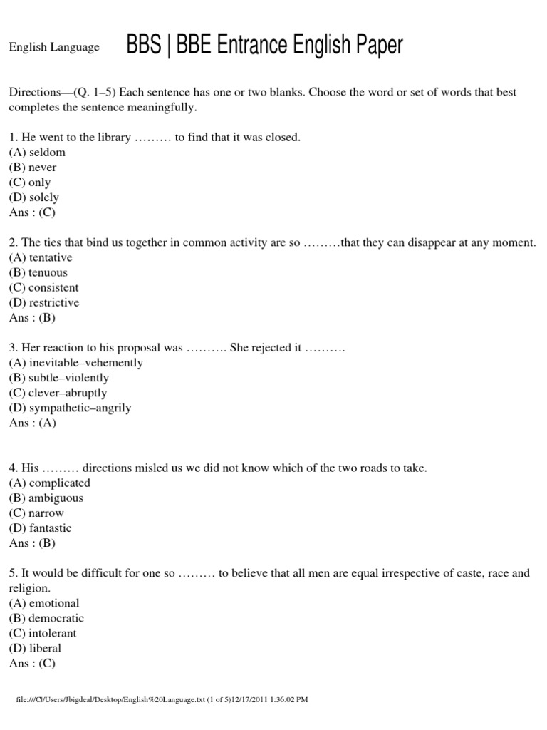 BCA Entrance English Question Paper I | PDF