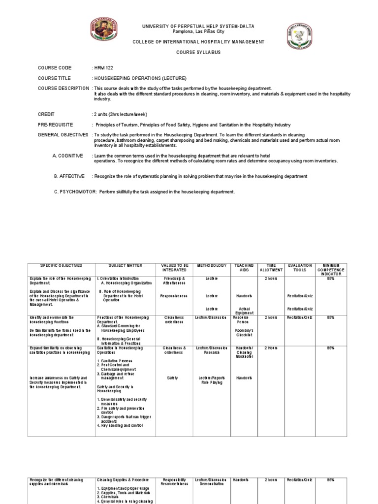 Housekeeping Operations Lec Lab | PDF | Housekeeping | Laboratories