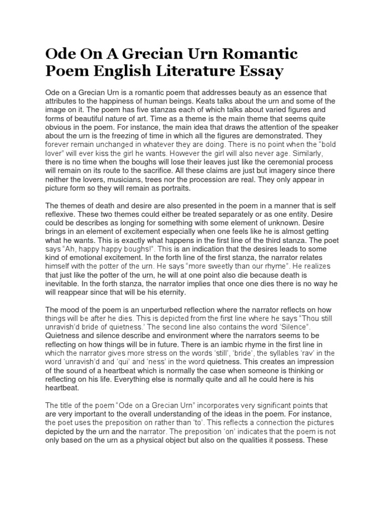 Ode On A Grecian Urn Romantic Poem English Literature Essay | PDF | Poetry