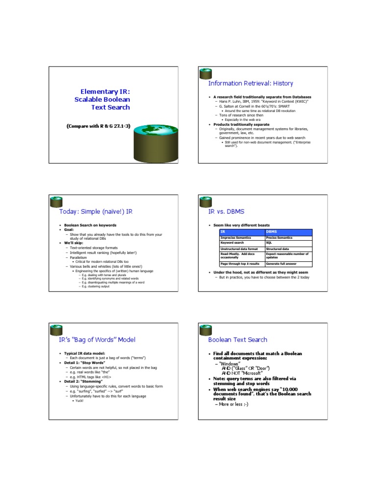 Information Retrieval: History: Elementary IR: Scalable Boolean Text ...