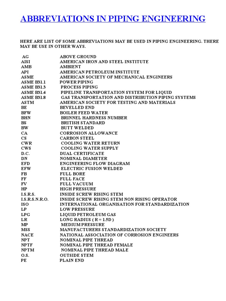 Abbreviations in Piping Engineering | PDF