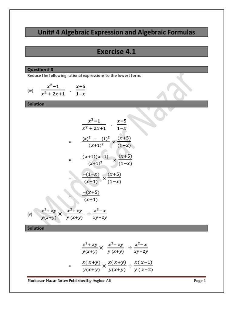 Unit# 4 Algebraic Expressions and Algebraic Formulas Exercise 4.1 | PDF