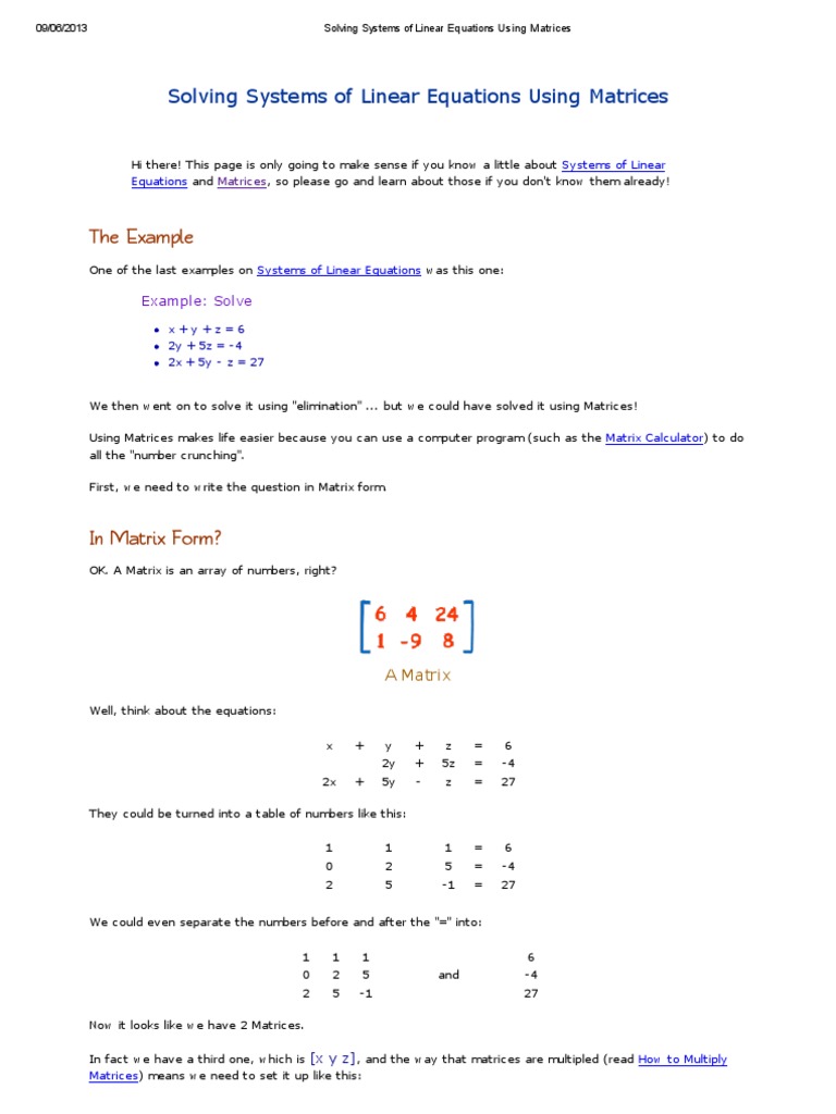 Solving Systems of Linear Equations Using Matrices PDF | PDF | Matrix ...