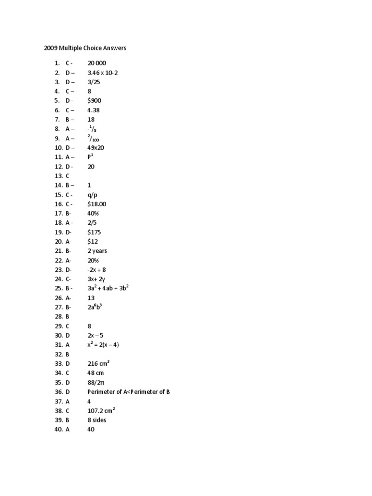 CXC 2009 Multiple Choice Answers | PDF