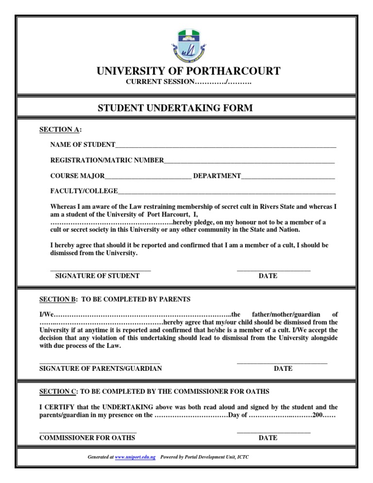 Uniport Student Undertaking Form | PDF