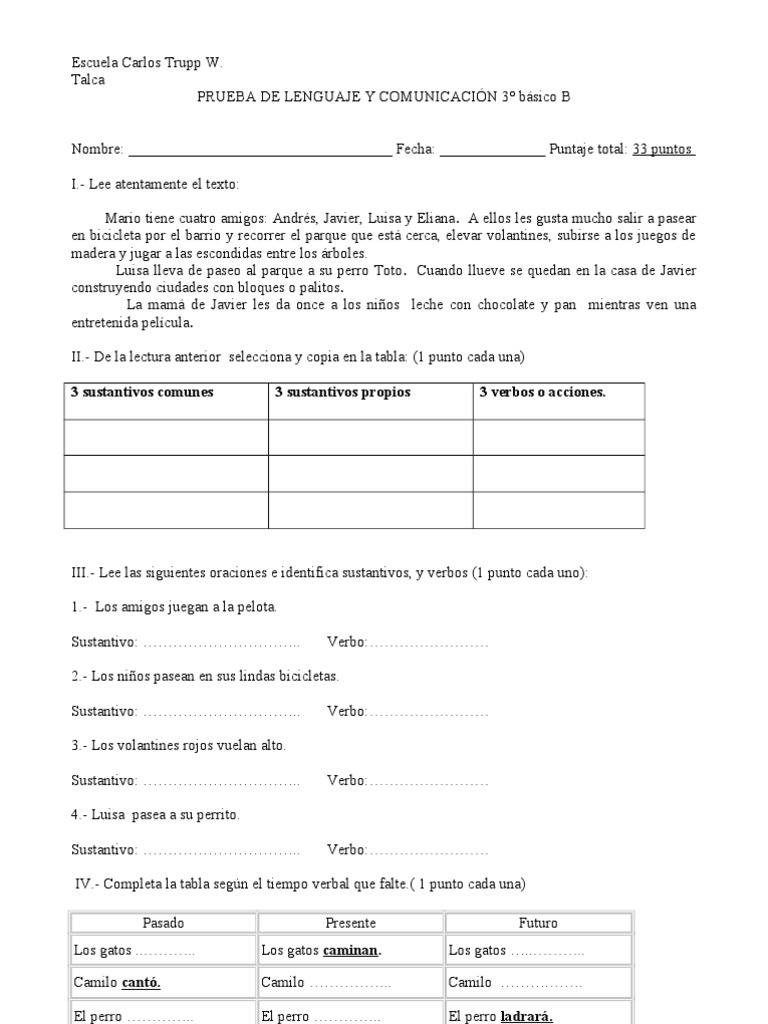 Prueba de Lenguaje 3° Básico B | PDF | Oración | Verbo