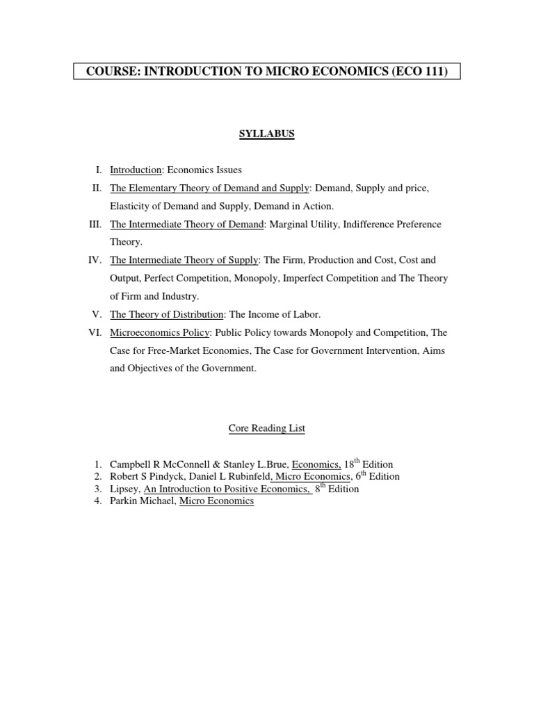 Course Outline Intro To Micro Economics (2012) | PDF | Microeconomics ...