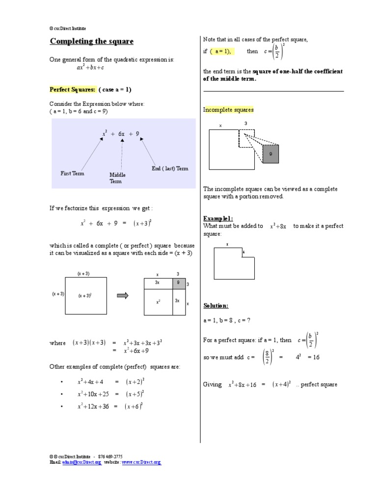 Completing The Square: Perfect Squares: (Case A 1) of The Middle Term ...