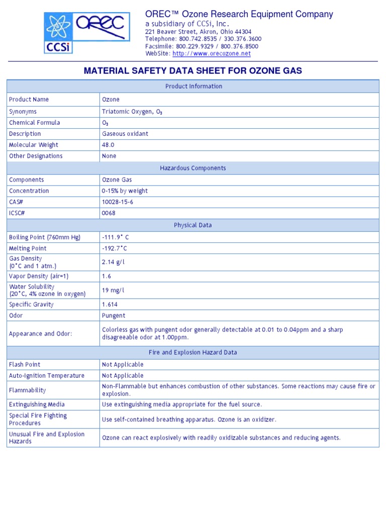 MSDS Orec Ozone | PDF | Ozone | Respiratory System