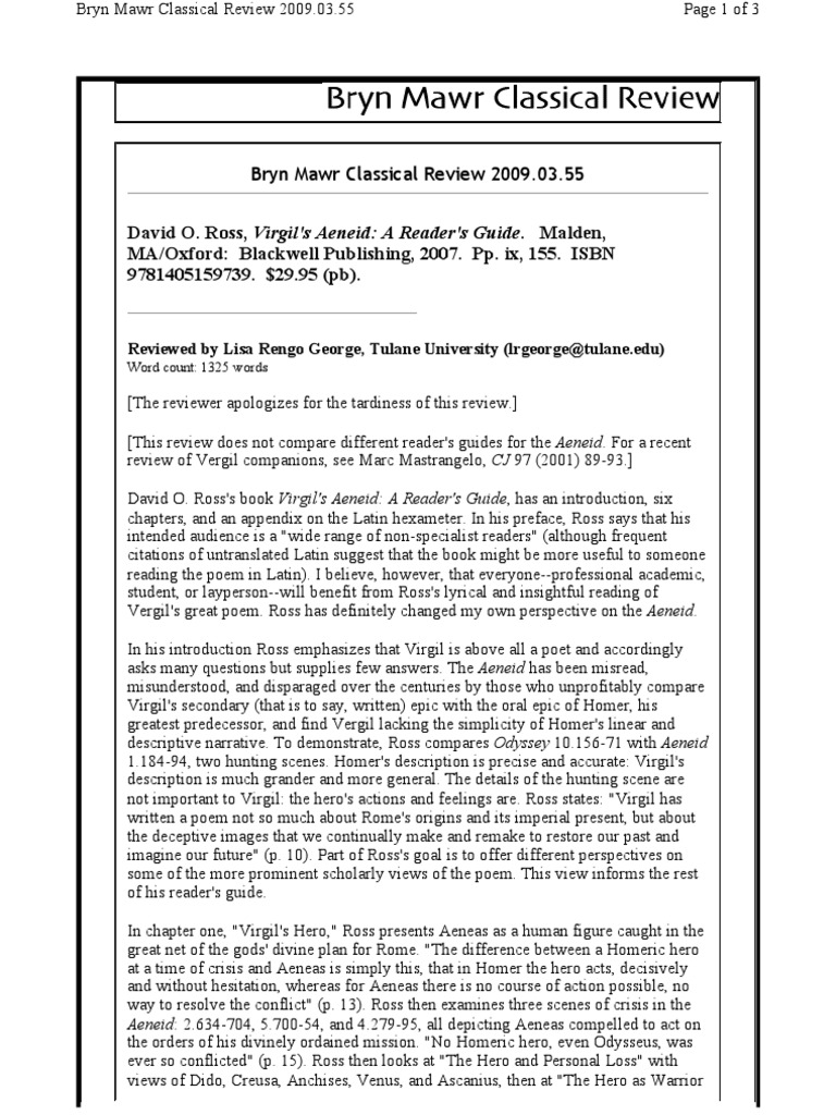 David O. Ross, Virgil's Aeneid: A Reader's Guide. Malden, MA/Oxford ...