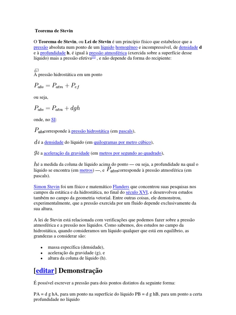 Teorema de Stevin | PDF | Pressão | Líquidos