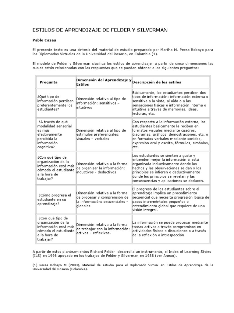 Estilos de Aprendizaje - Modelo Felder y Silverman | PDF