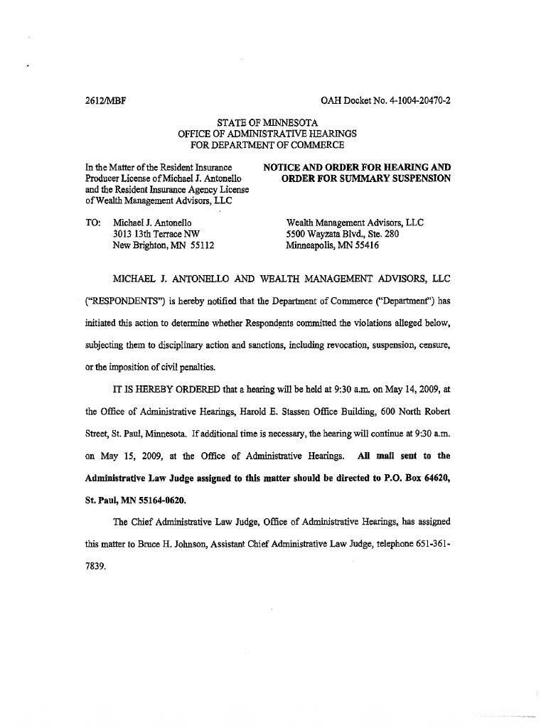 Michael J. Antonello - Minnesota Department of Commerce Order For ...
