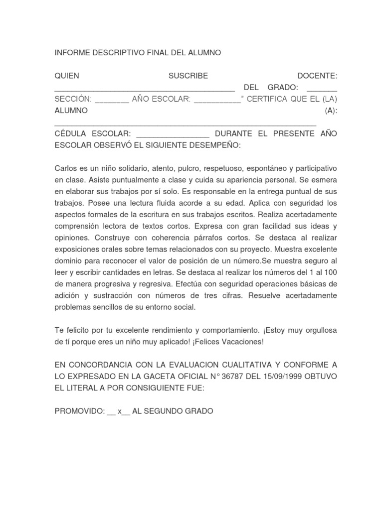 Informe Descriptivo Final Del Alumno | PDF