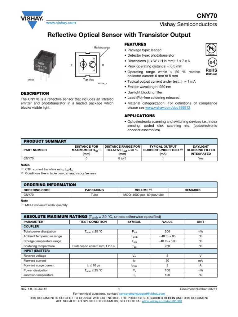 CNY70 Reflective Optical Sensor With Transistor Output: Vishay ...