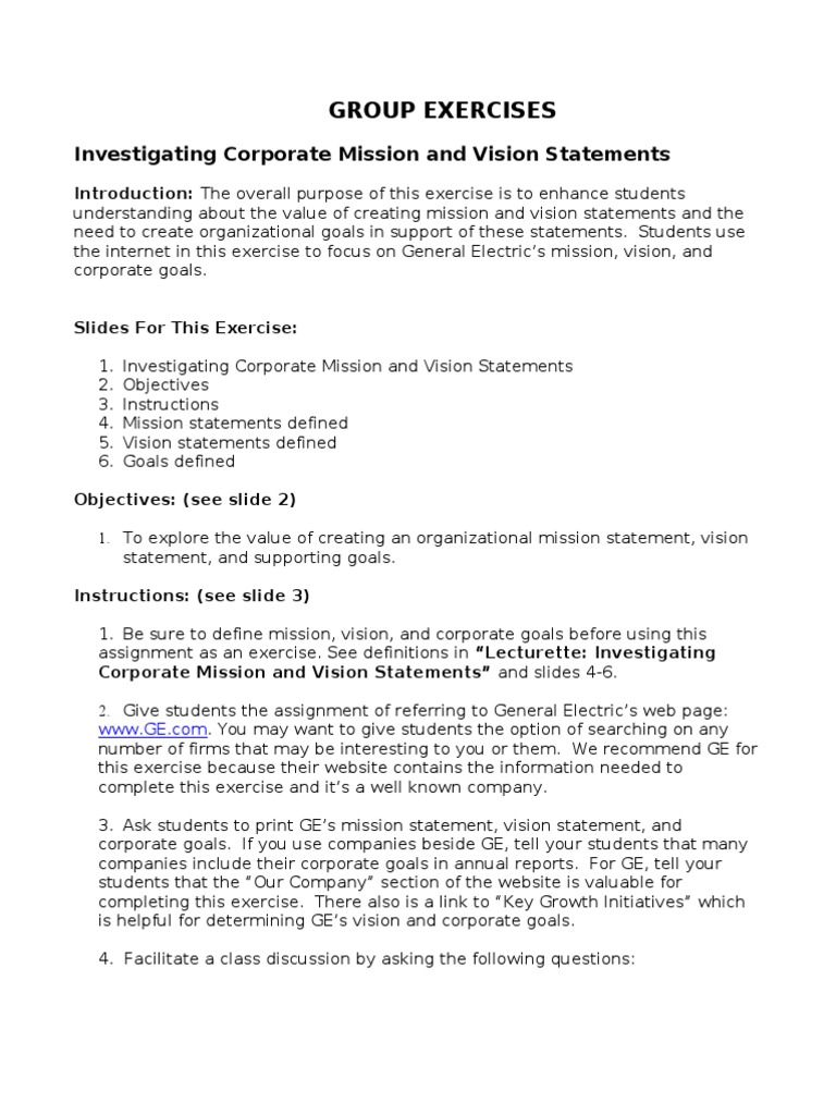 T20 GE Investigating Corporate Mission and Vision Statements | PDF ...