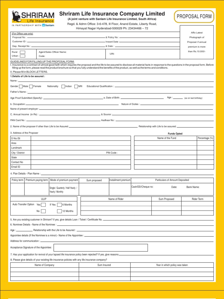 Shriram Life Insurance Company Limited: Proposal Form | PDF
