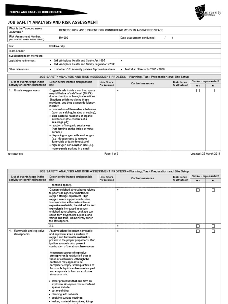 Job Safety Analysis Risk Assess Confined Spaces v2 250311 KP | PDF ...