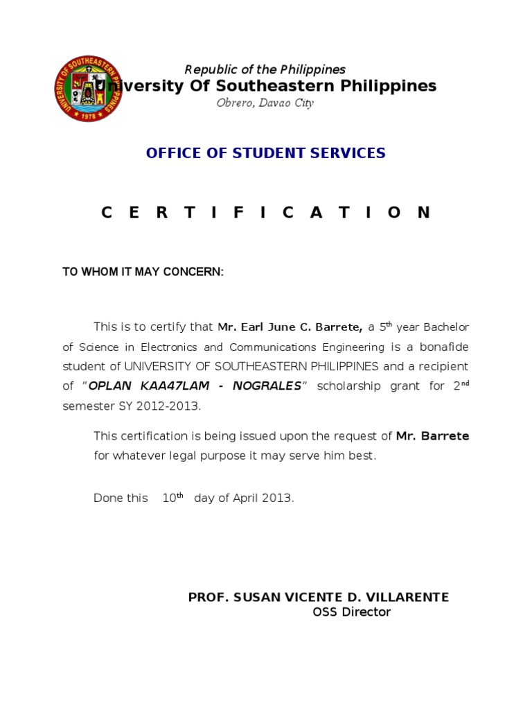 Certification of Scholarship for Student | PDF