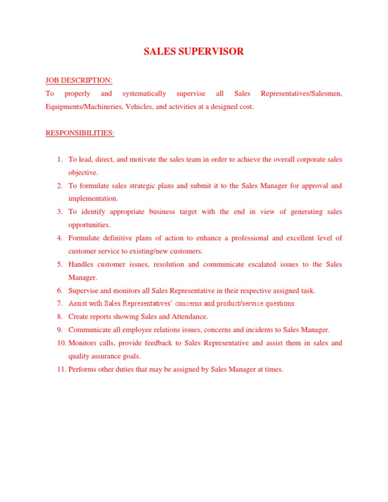 Sales Supervisor Job Responsibilities | PDF | Supervisor | Sales