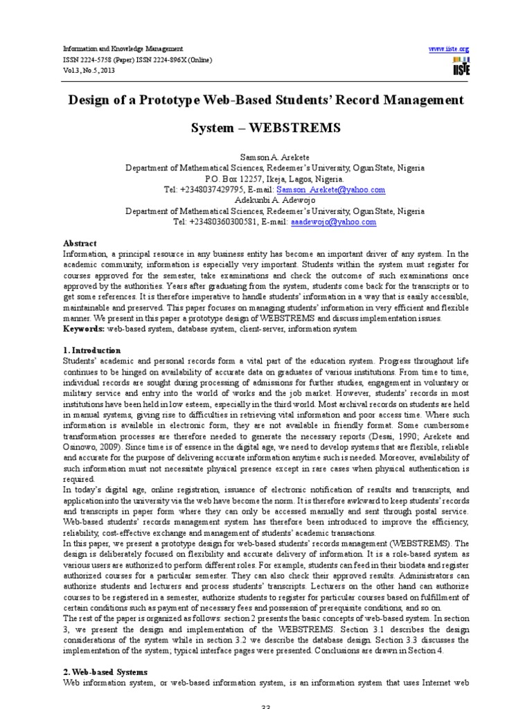 Design Of A Prototype Web Based Students Record Management System