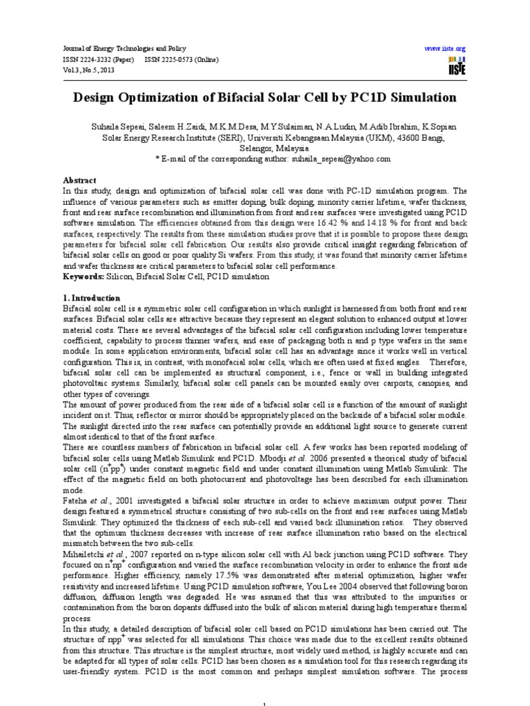 Design Optimization of Bifacial Solar Cell by PC1D Simulation | PDF ...