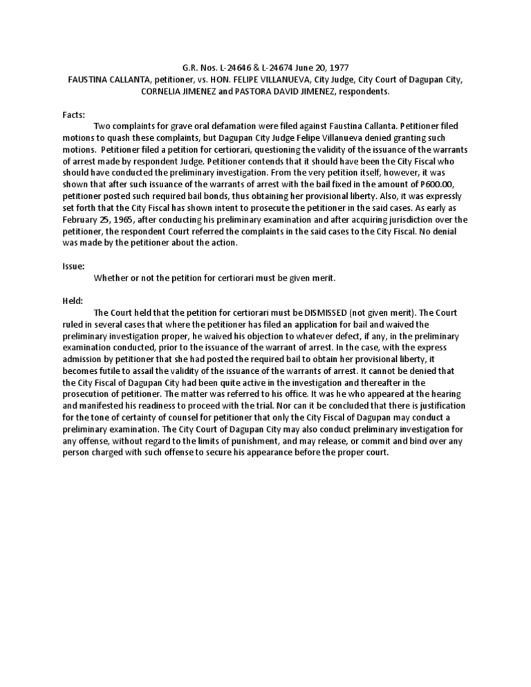 Callanta vs. Villanueva | Download Free PDF | Bail | Certiorari