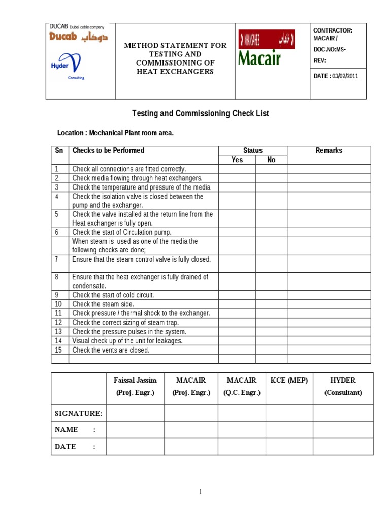Testing and Commissioning Check List | PDF