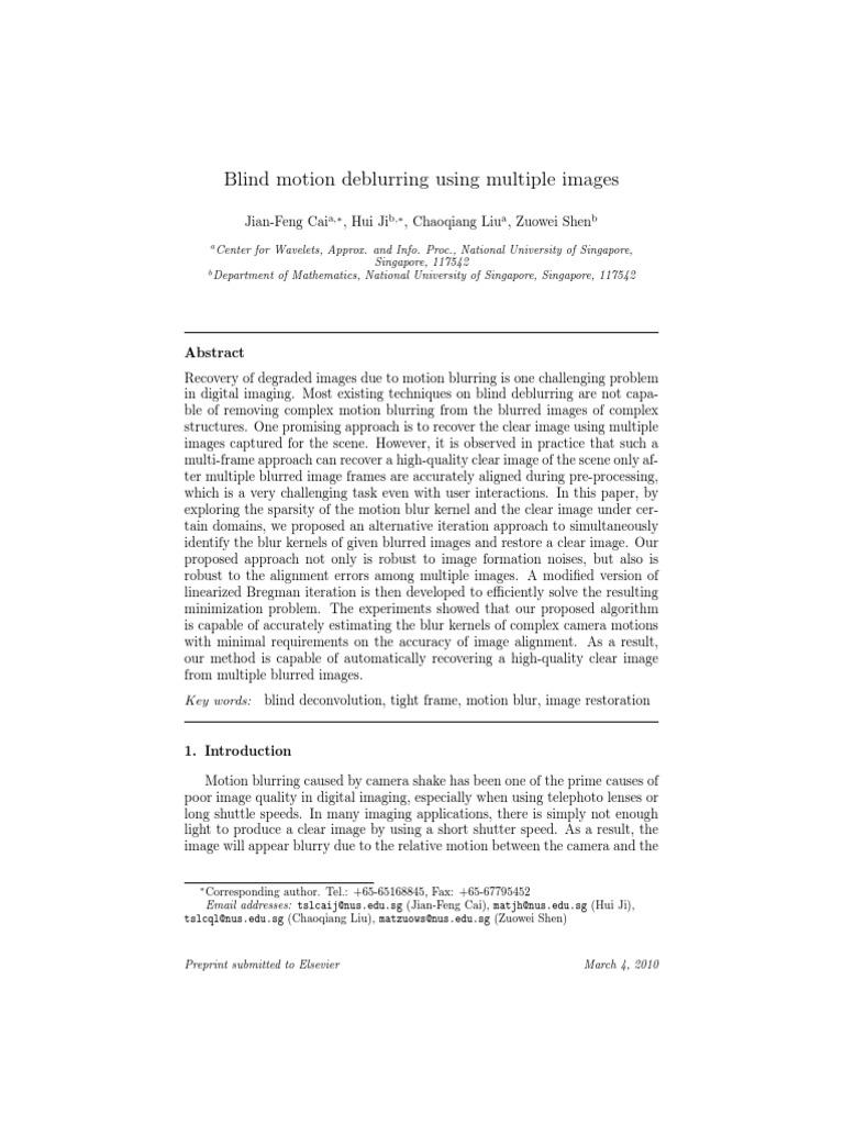 Blind Motion Deblurring Using Multiple Images A B A B Pdf Convolution Mathematical Analysis