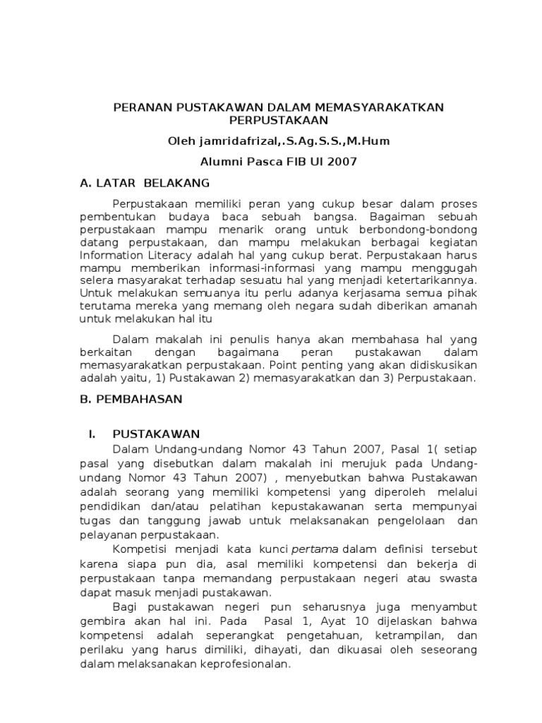 Peran Pustakawan dalam Sosialisasi Perpustakaan | PDF | Ilmu Sosial