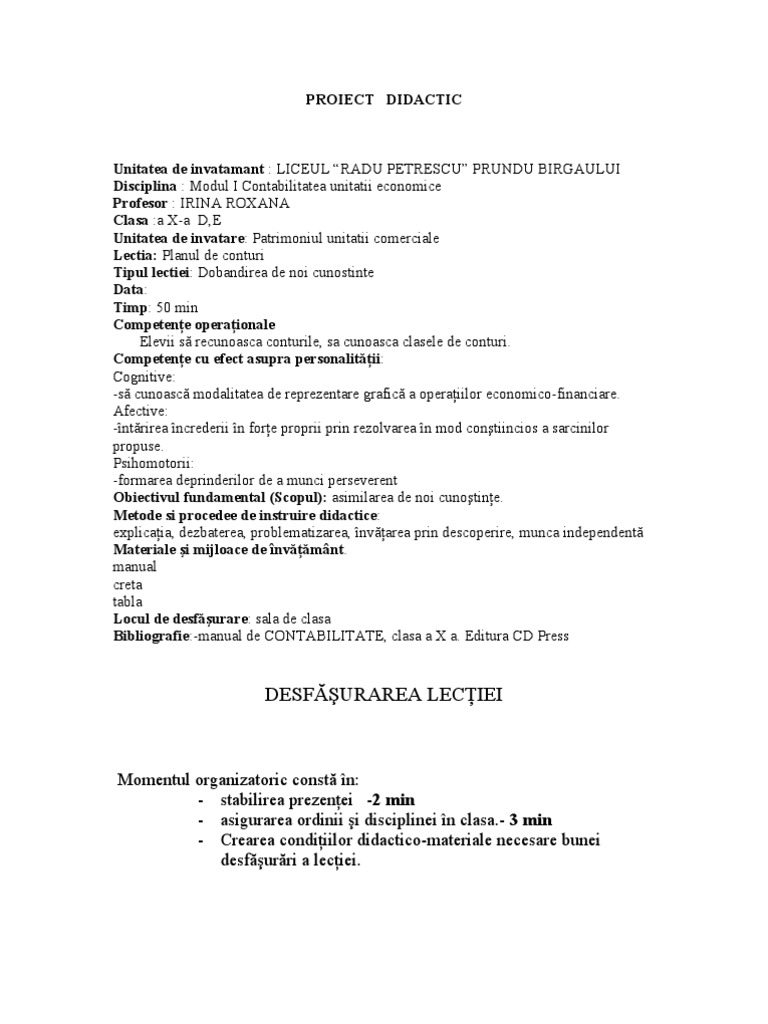 Plan de Lectie - Planul de Conturi | PDF