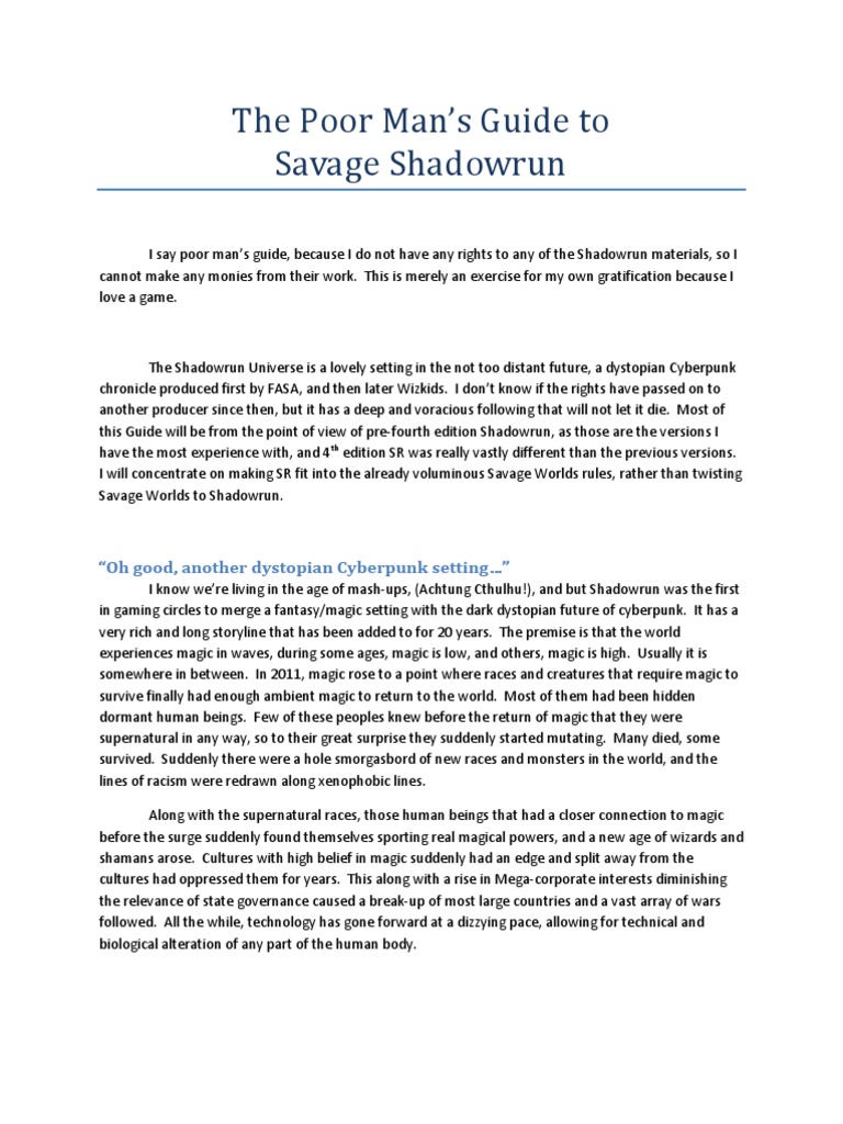The Poor Mans Guide Savage Worlds Shadowrun | PDF | Magic (Paranormal ...