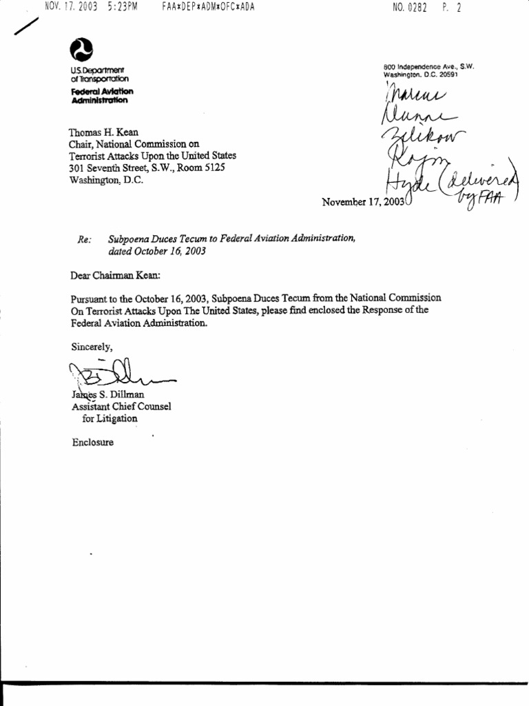 SD B5 Dept of Transportation Fdr- FAA Letter- Response to Subpoena 405 ...