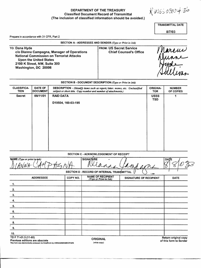 Secret Service Transmittal for 9/11 Data | PDF | United States Secret ...