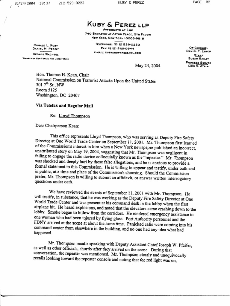 SD B5 Witness Letters FDR - Letter Re Lloyd Thompson and Allegation of ...